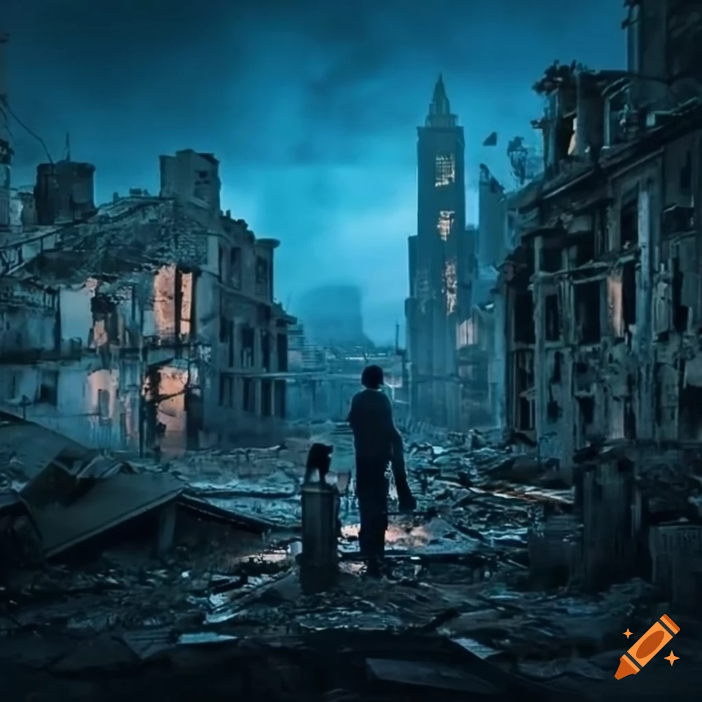 Soldiers marching through a destroyed city on Craiyon