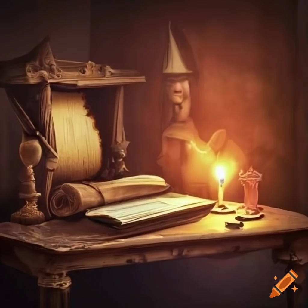 Photo of a wizard's desk with a tattered scroll on Craiyon