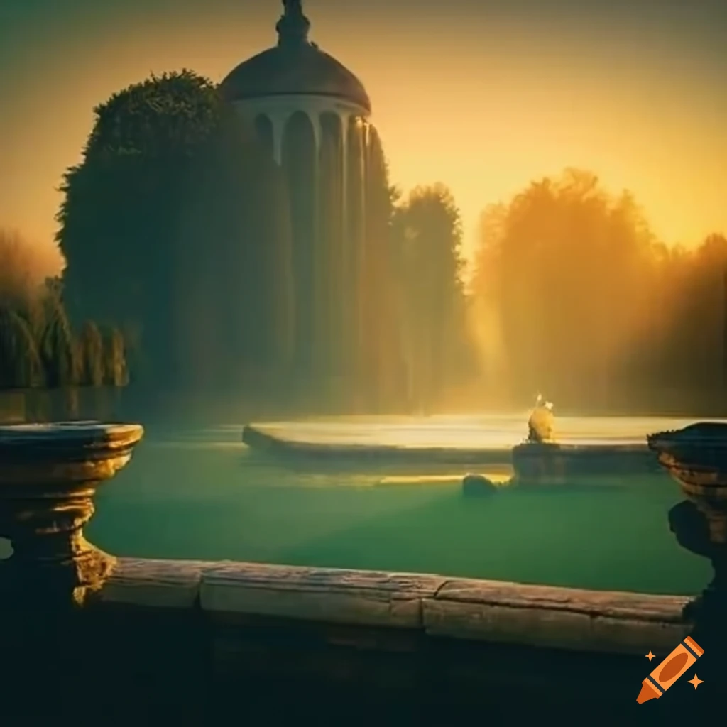 Monet-style garden scene with a baroque fountain and stone balcony on ...