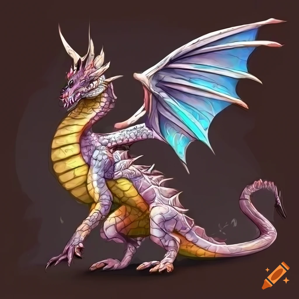 Detailed side view illustration of a dragon with wings on Craiyon