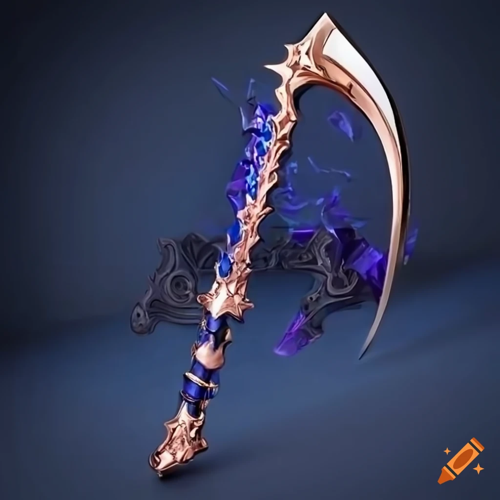 Scythe with rose gold handle and blue crystal blade