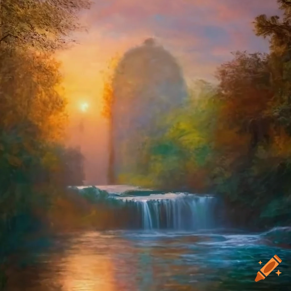 Monet painting of a majestic sky, verdant valley with river and ...