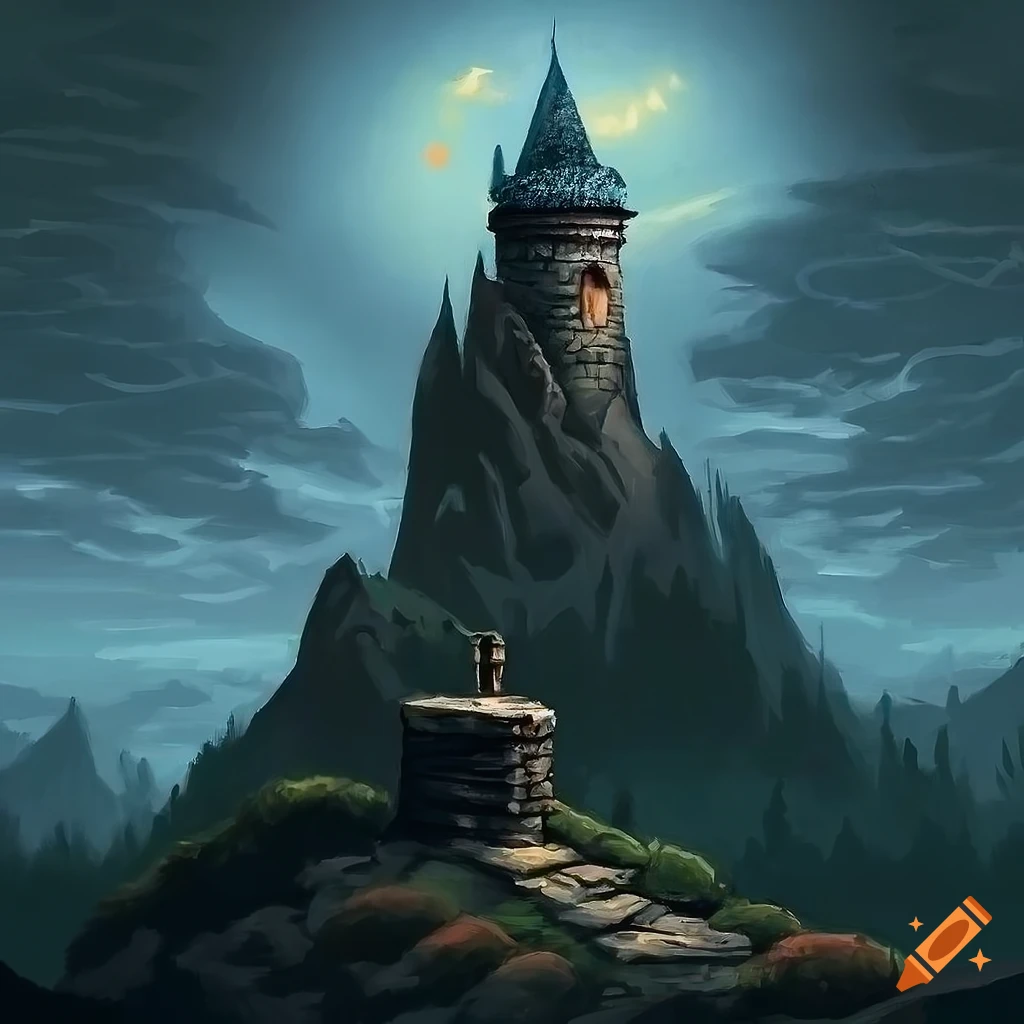 Painting of a mysterious wizards tower in the mountains on Craiyon