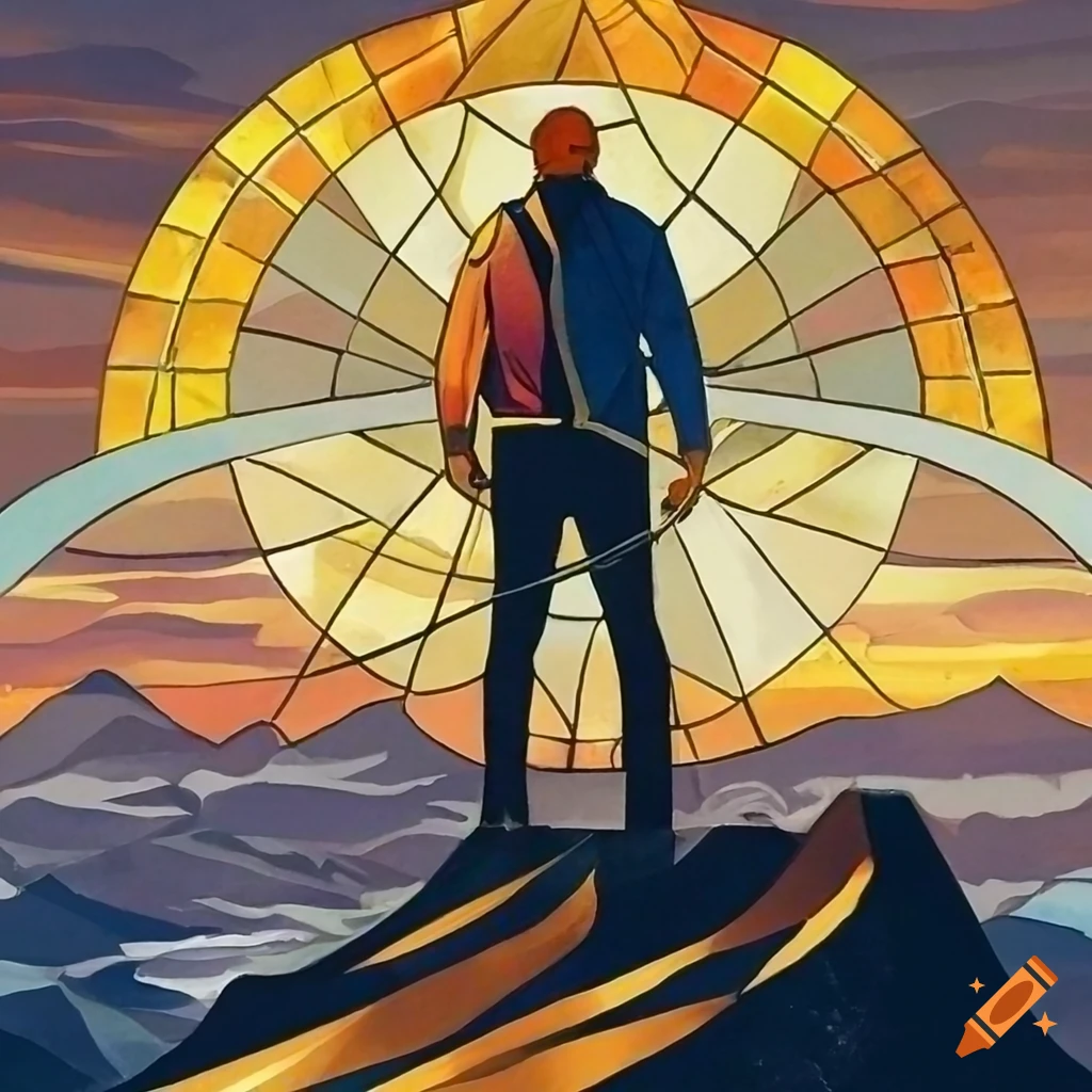 Stained glass illustration of a man on a mountain on Craiyon