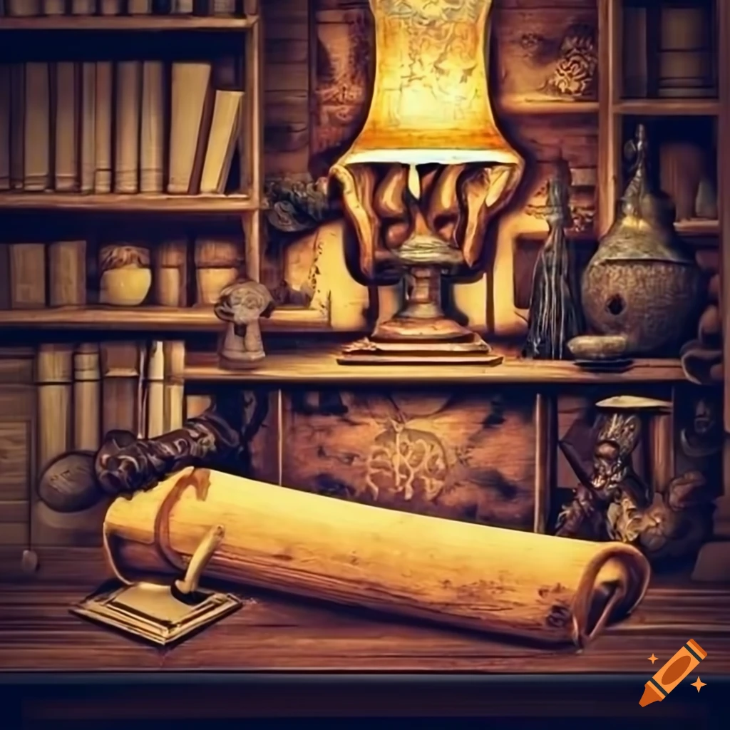 Image of a wizard's desk with a tattered scroll on Craiyon