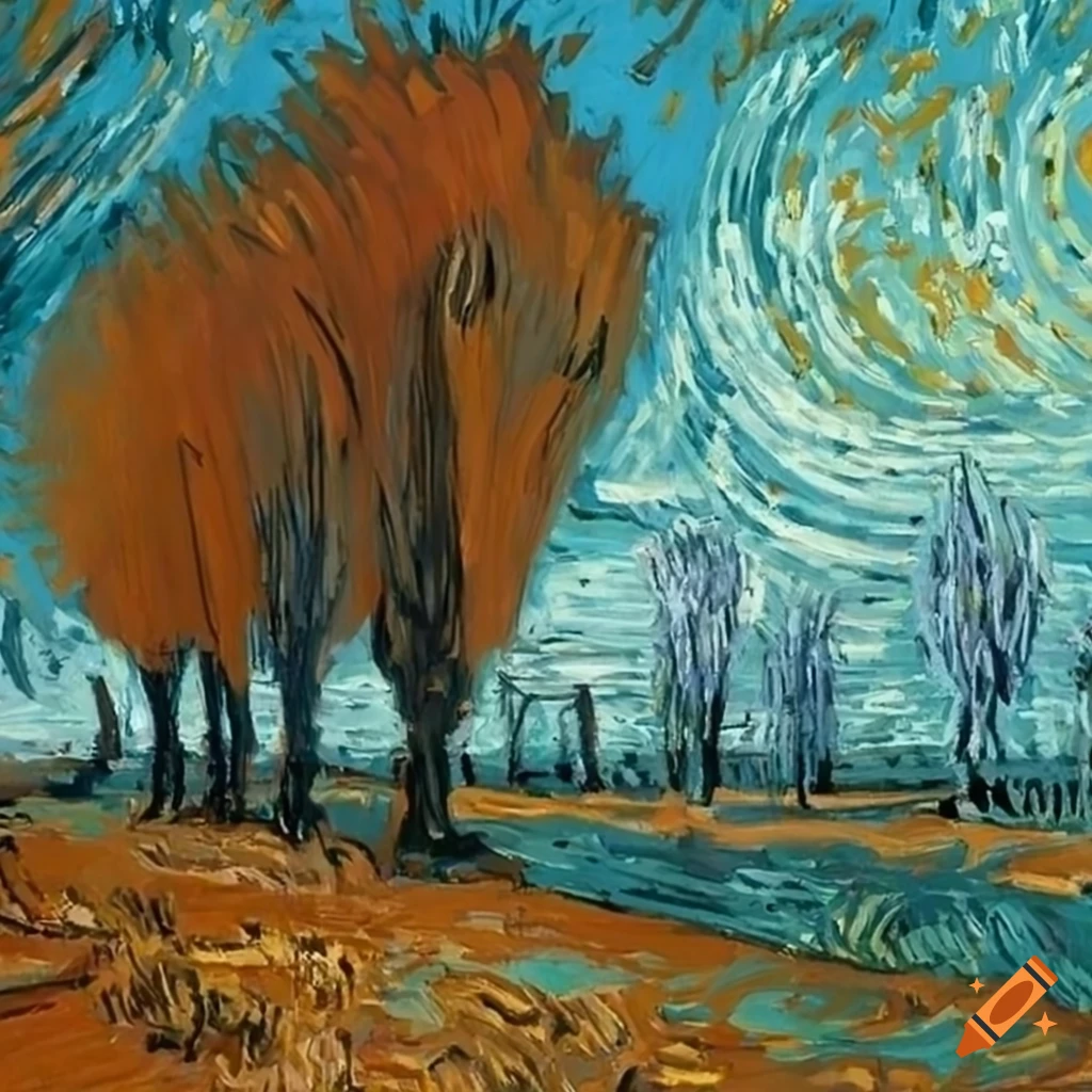 Vincent van gogh style tree silhouetted on a new england hillside on ...
