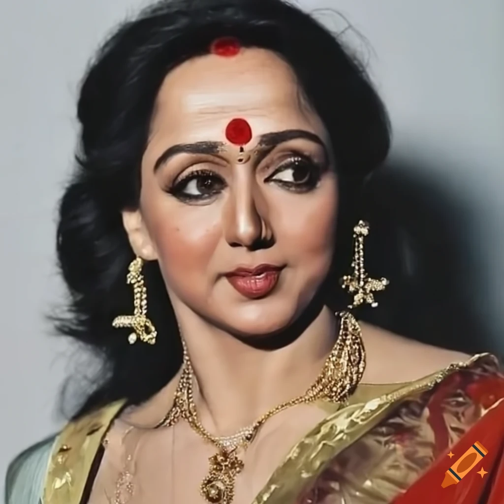 Close up of hema malini's face with a golden nose ring