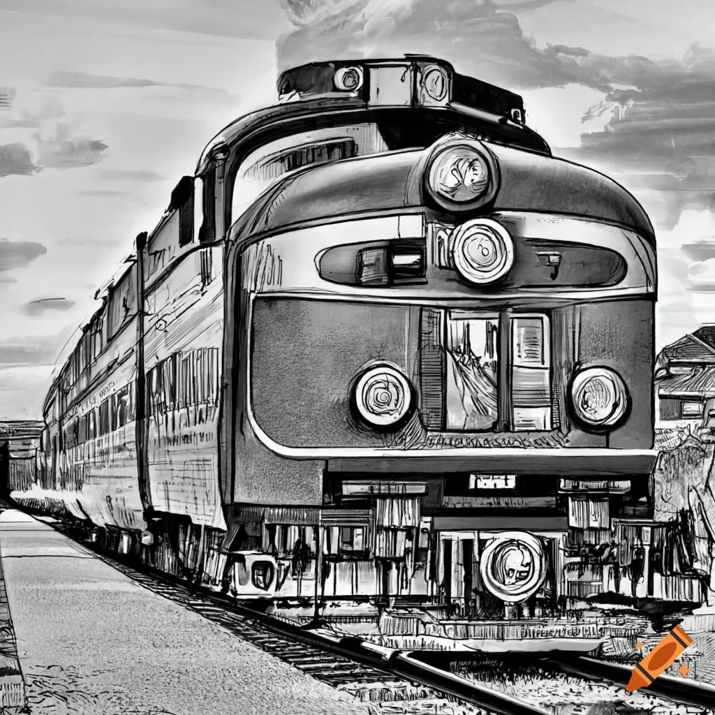 Black and white comic lineart of a train