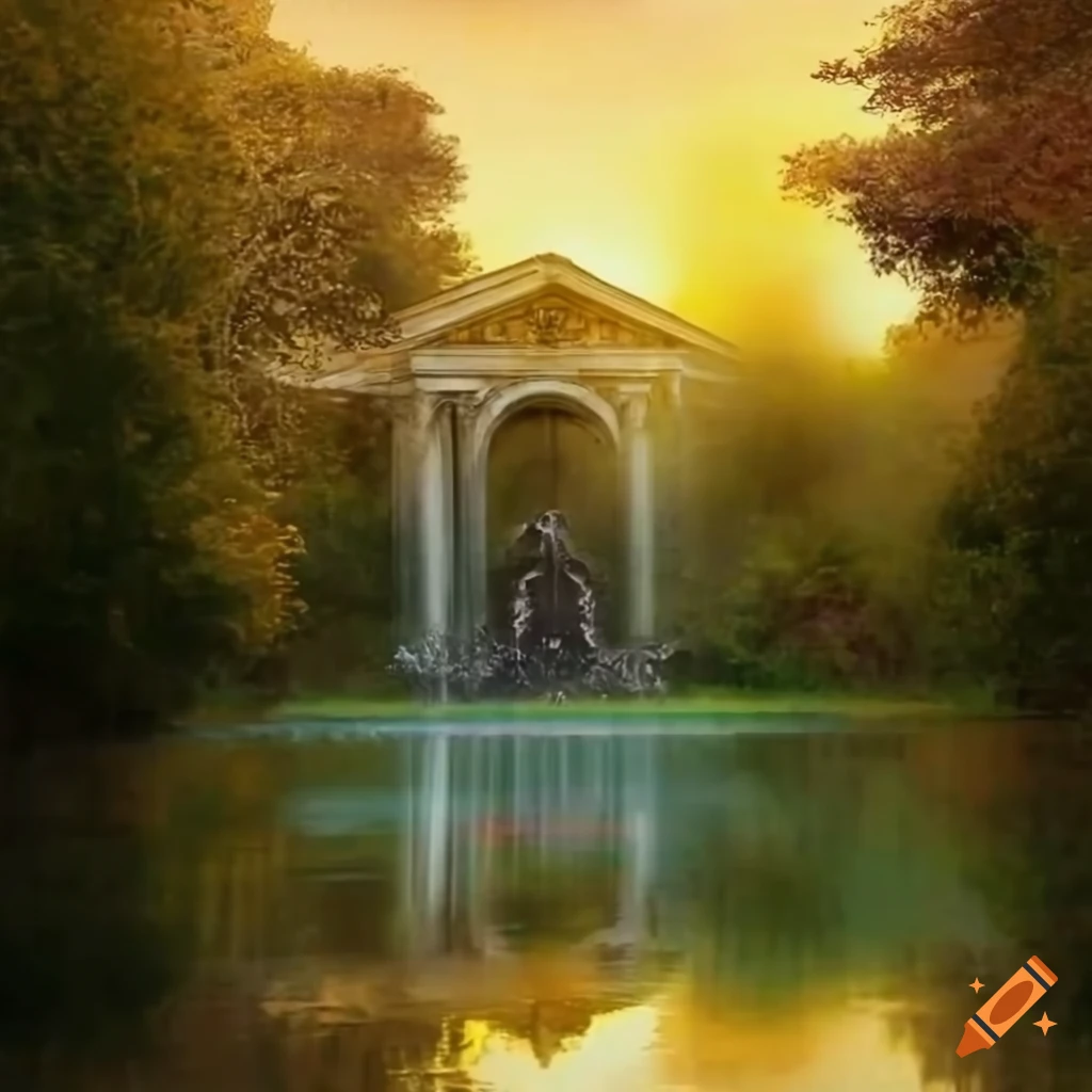 Monet-inspired painting of a baroque balcony overlooking a stone fountain
