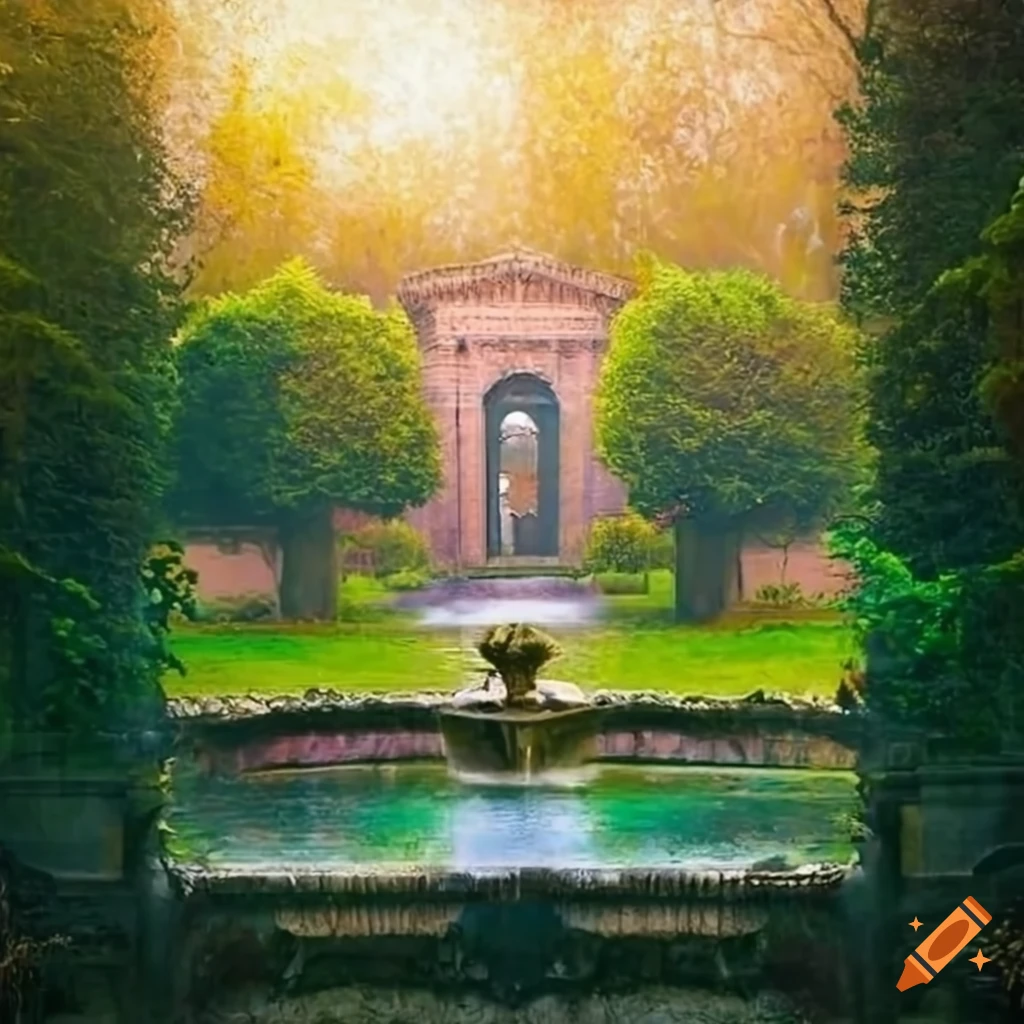 Monet-style garden scene with a baroque fountain on Craiyon