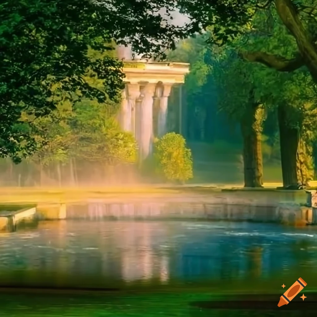 Monet's landscape painting with a baroque balcony and stone fountain on ...
