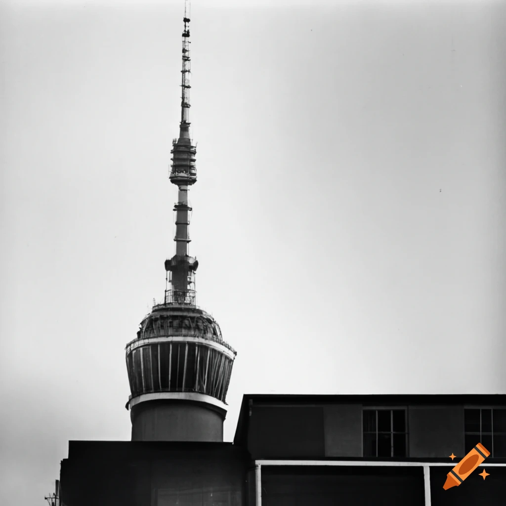 Vintage black and white image of a TV station building with a TV tower ...