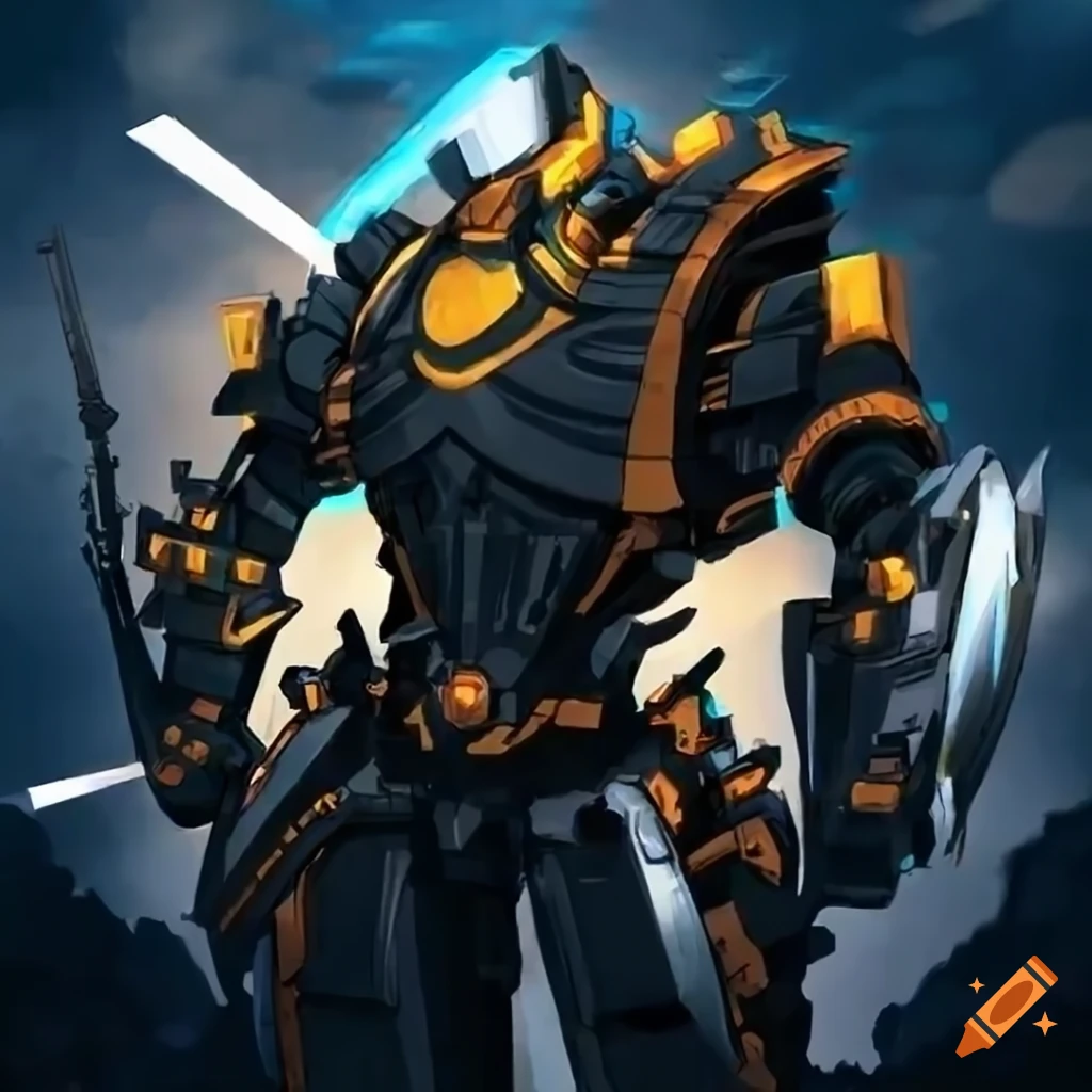 Fantasy anime art of a mechanical machine with orange and black armor ...