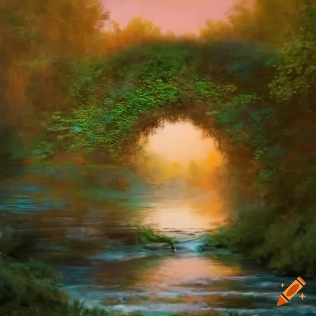 Painting of a fantasy landscape with a watercourse brook and a baroque ...