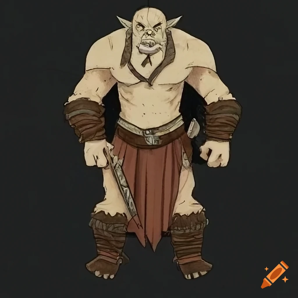 Colored pencil sketch of a friendly male half-orc barbarian on Craiyon