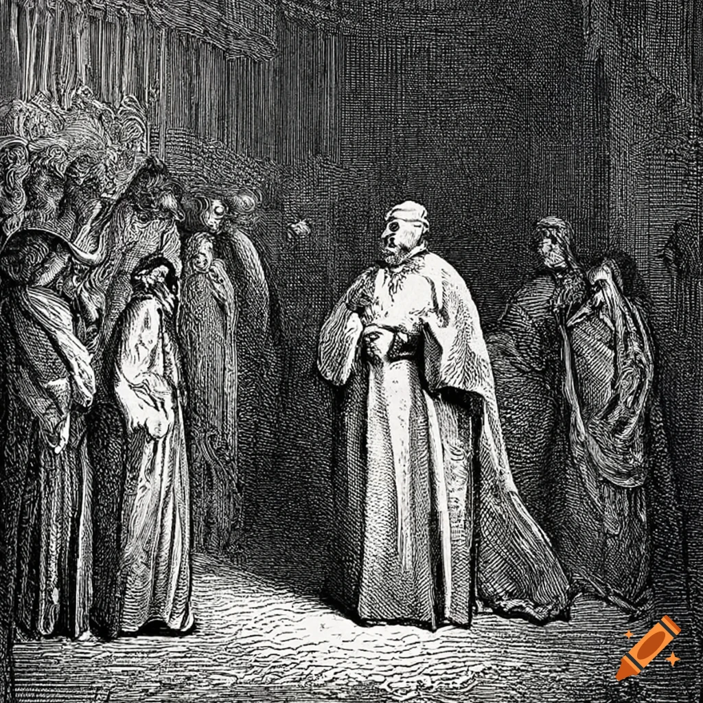 Engraving by Gustave Dore of a noble man surrounded by praying people ...