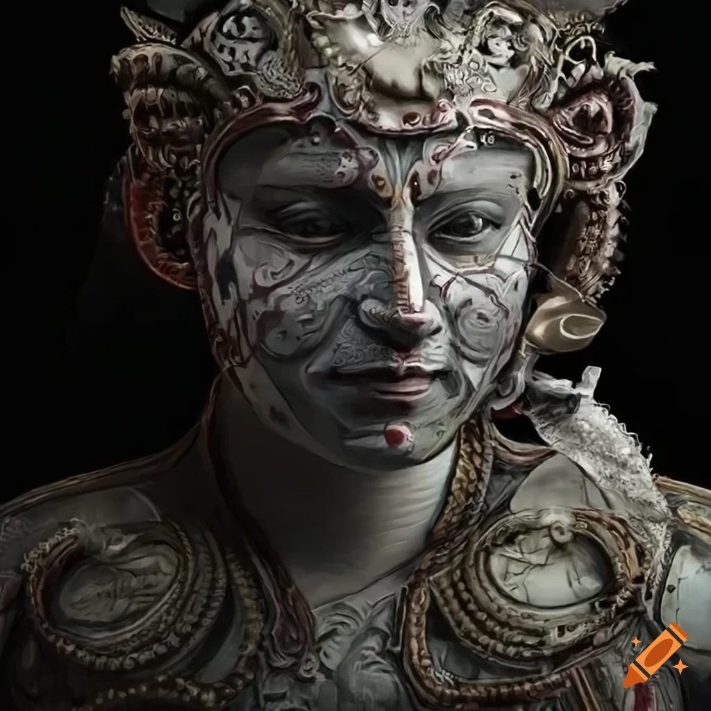 Detailed artwork of an artificial deity blending ancient mythology and ...