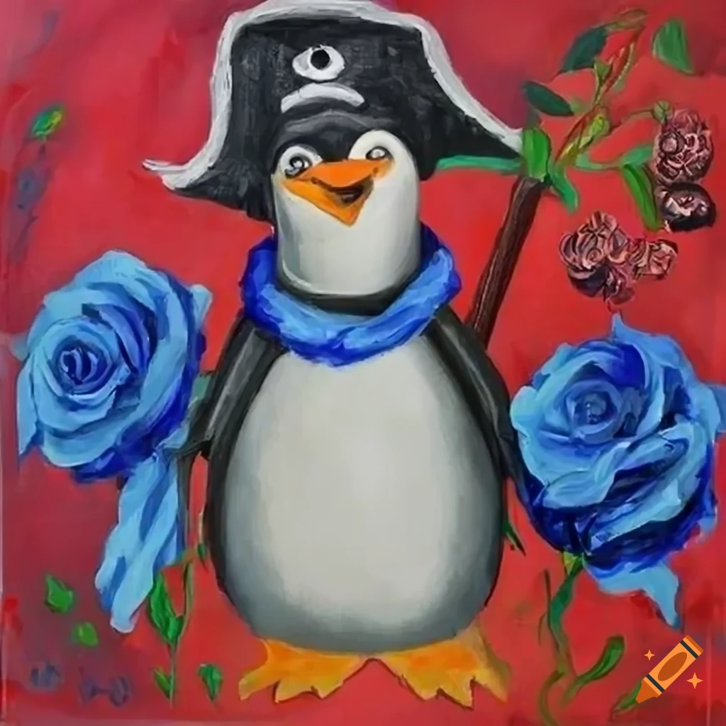 Artwork of a pirate penguin with blue roses