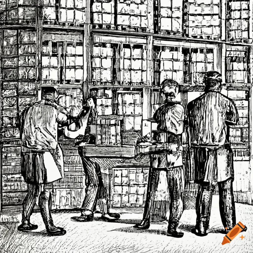 Detailed black and white drawing of order pickers working in a ...