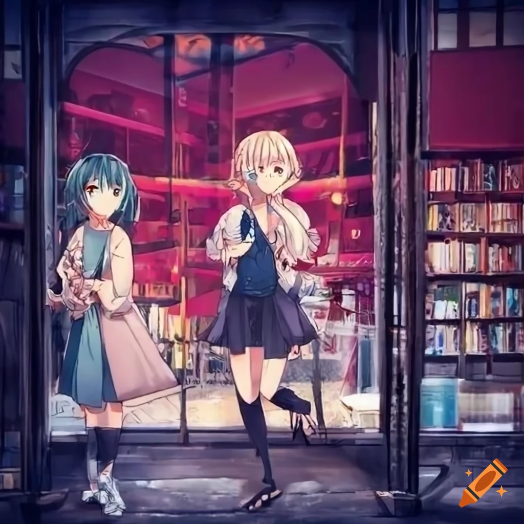 Anime girls standing in front of a bookstore window on a rainy day on ...