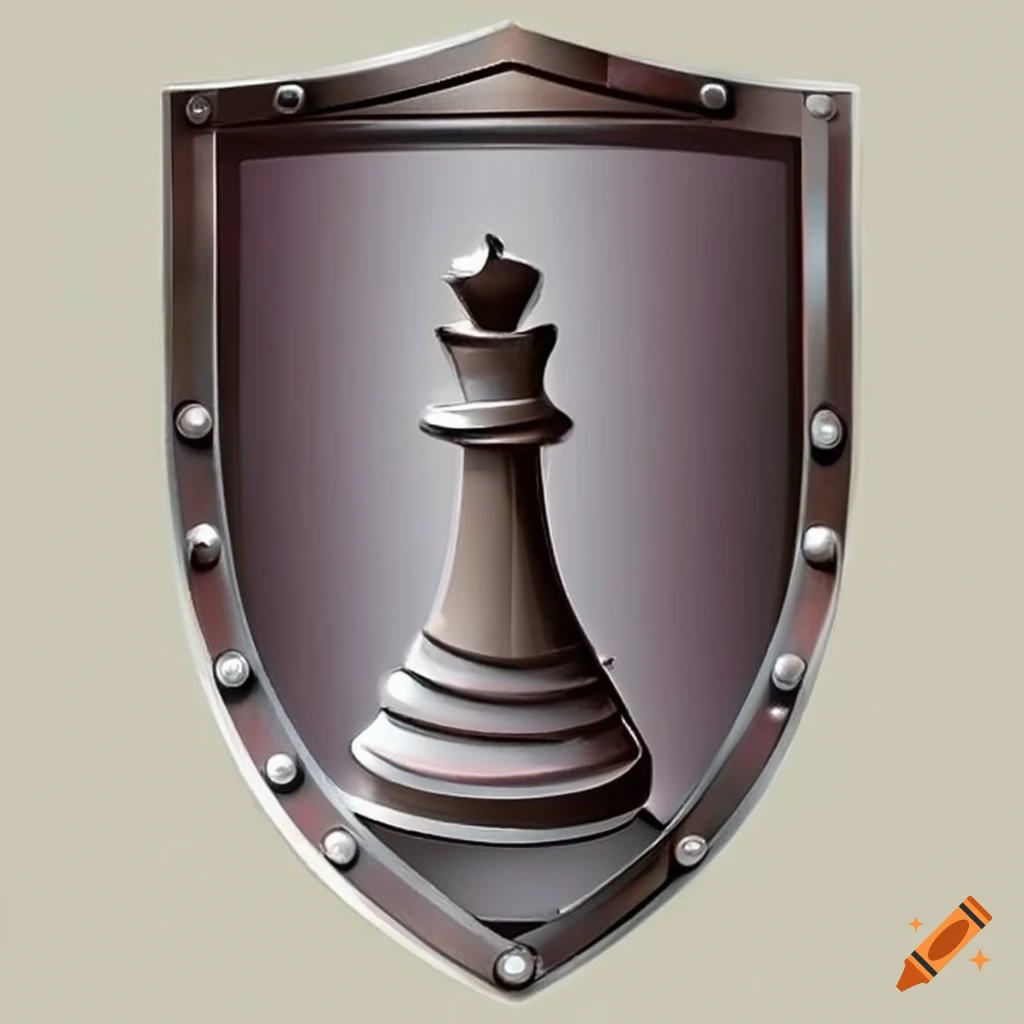 Metallic shield with chess piece emblems