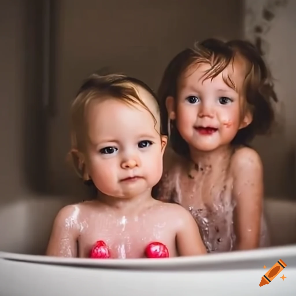 Two toddler sisters washing toes in the bath on Craiyon