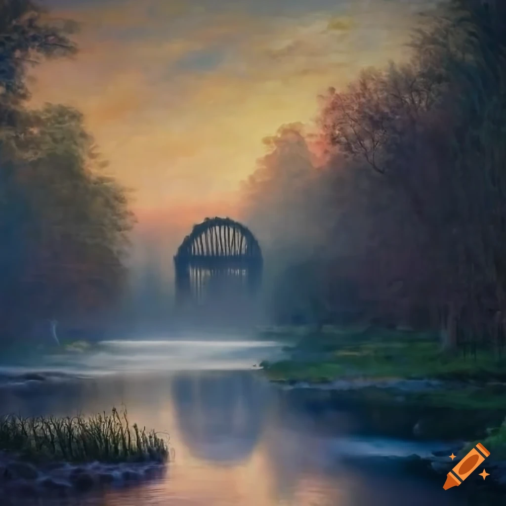 Monet-inspired painting of a baroque balcony overlooking a watercourse