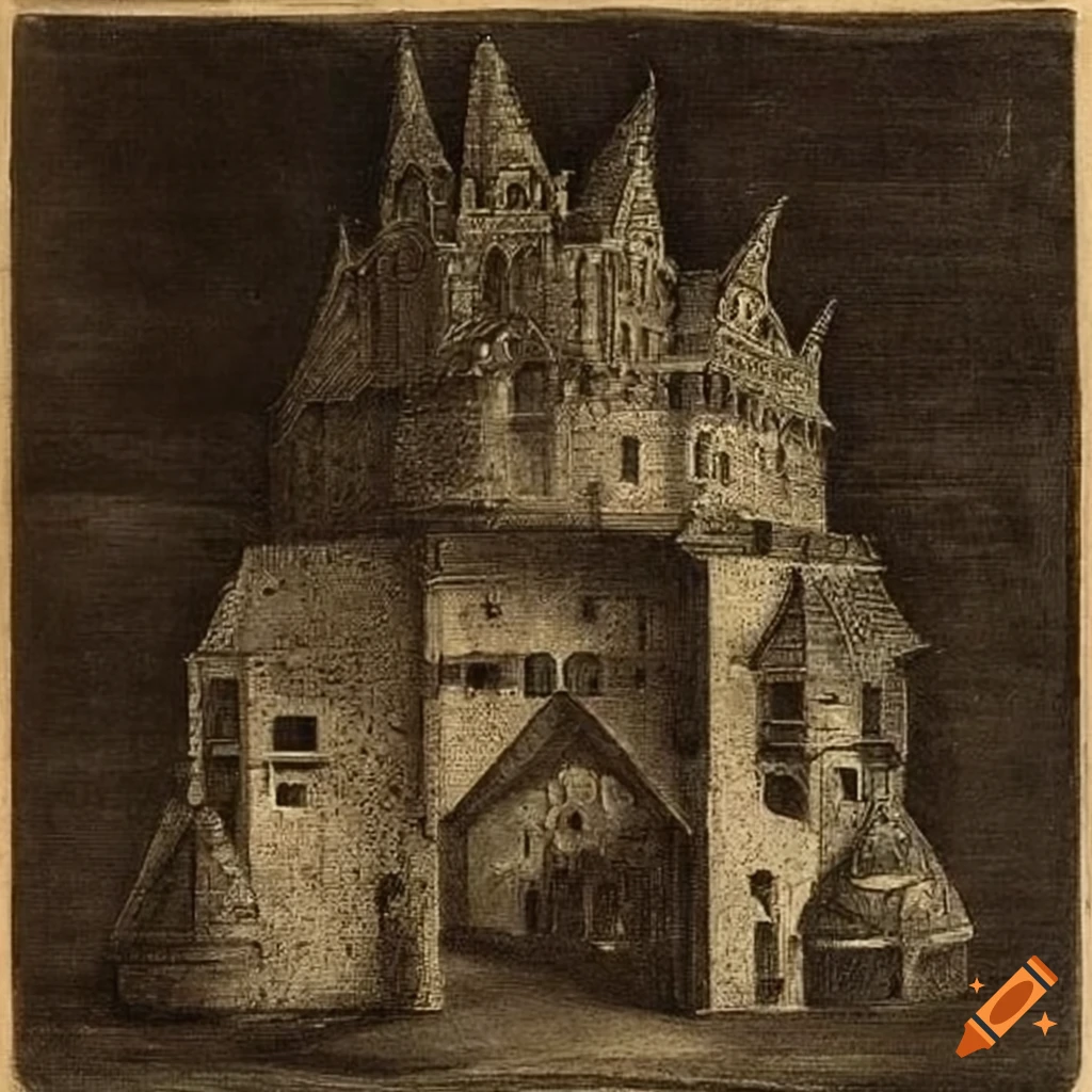 Highly detailed etching engraving of ancient temples, archways, and ...