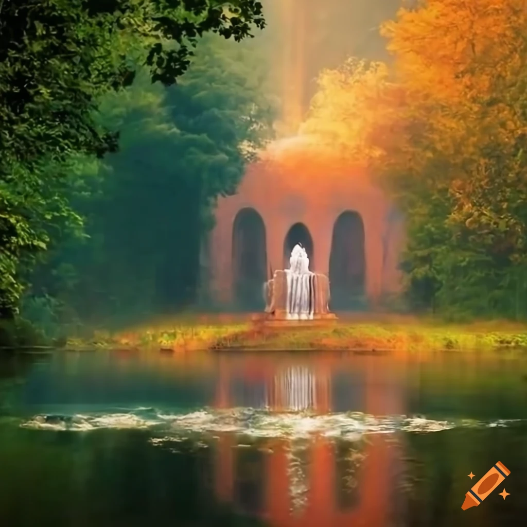 Monet-inspired landscape painting with a baroque balcony and water features