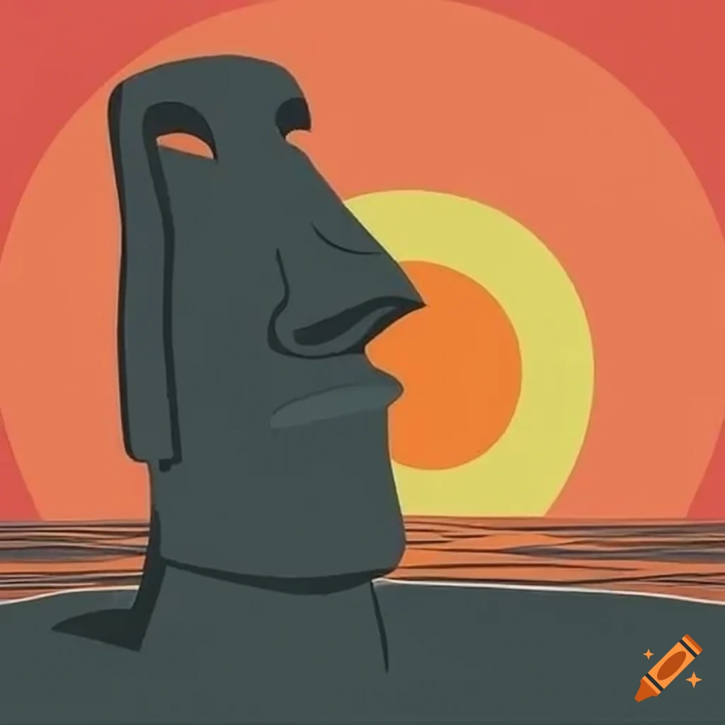 Sunset beach with moai statue