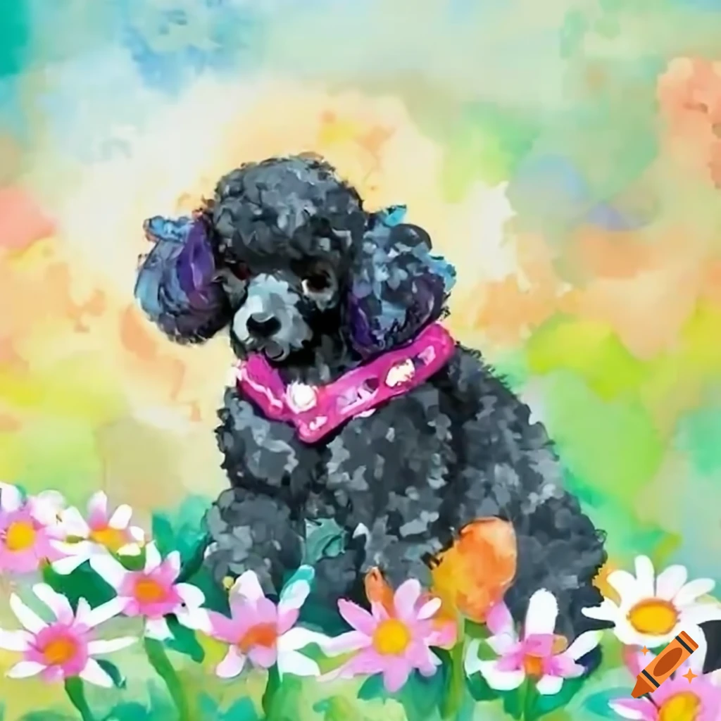 Toy poodle playing in a flower bed