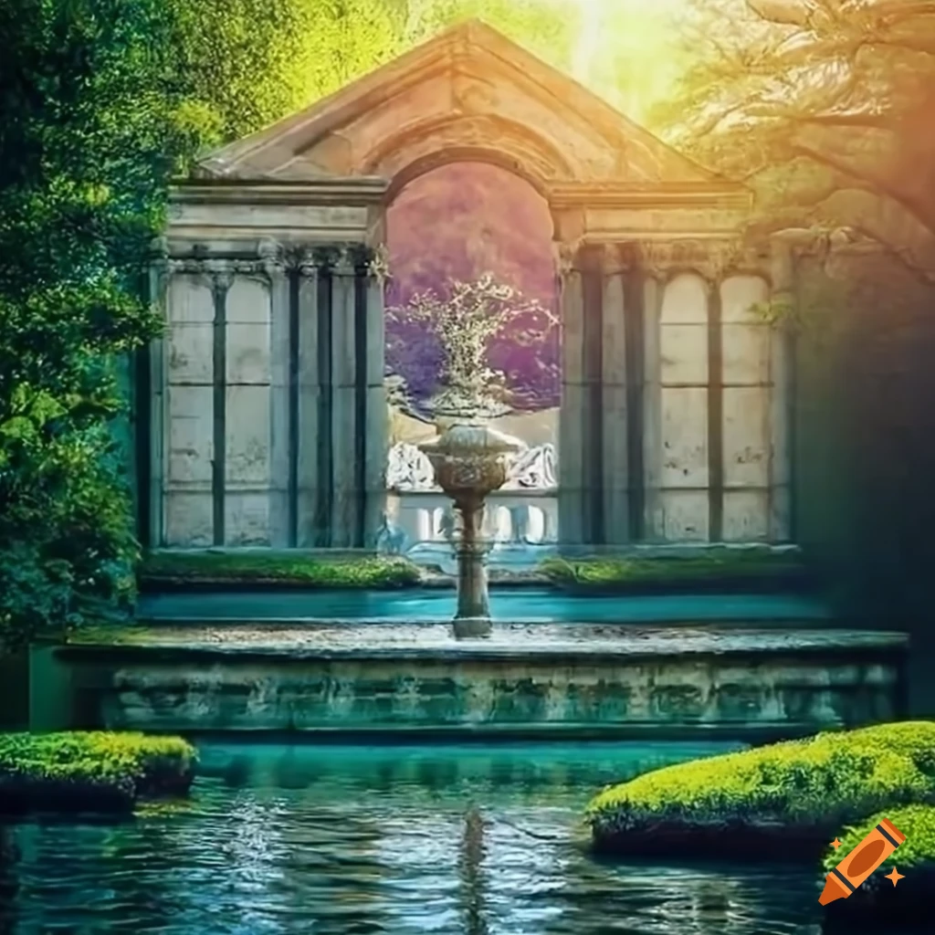 Monet-inspired garden landscape seen through a window on Craiyon