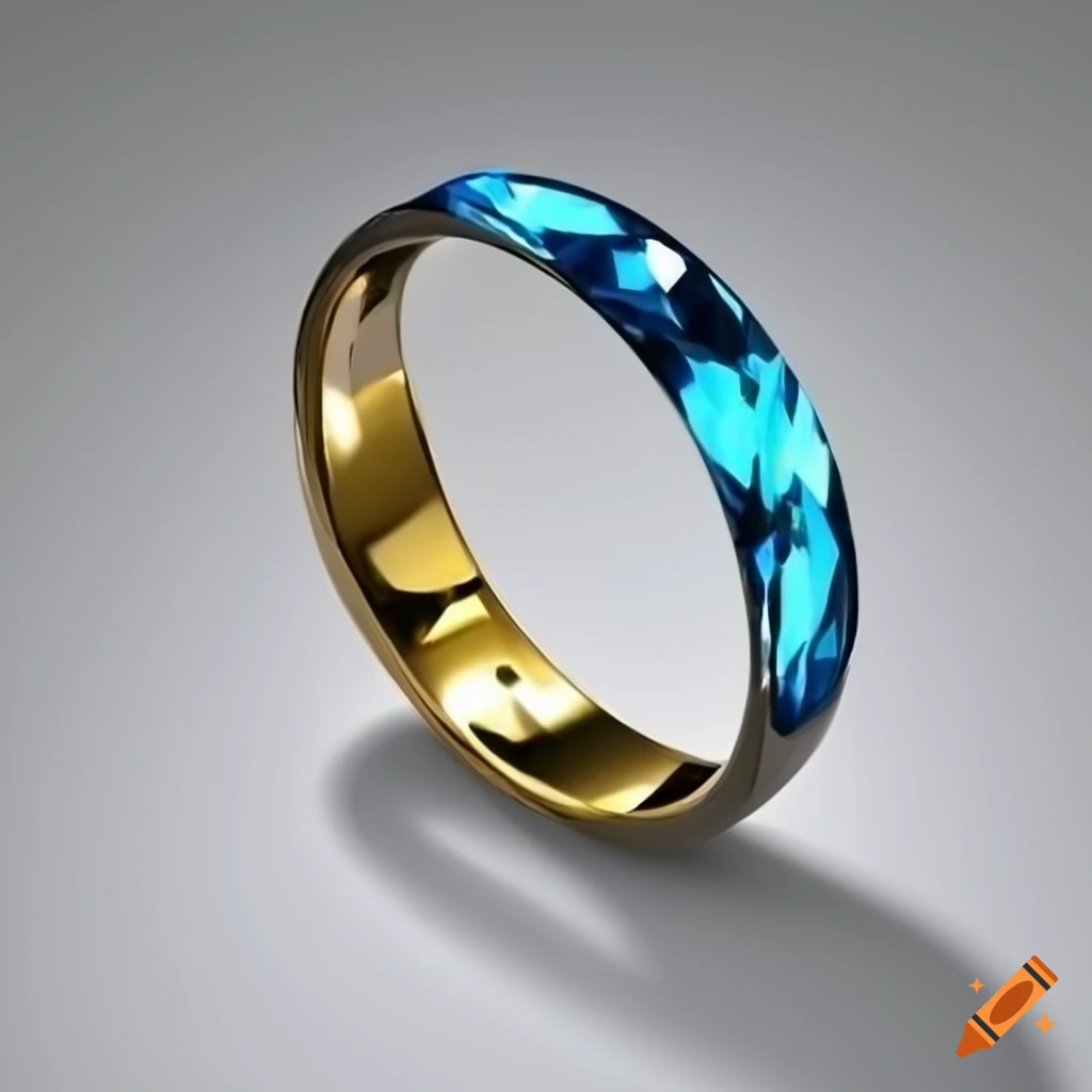 Futuristic white ring with blue Swarovski crystal and gold details on ...