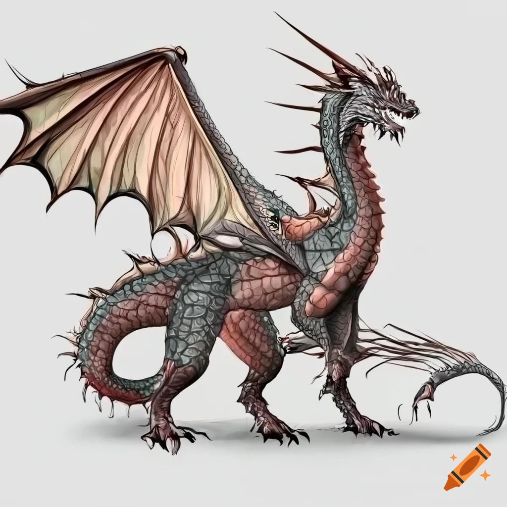 Detailed side view illustration of a dragon with wings on Craiyon
