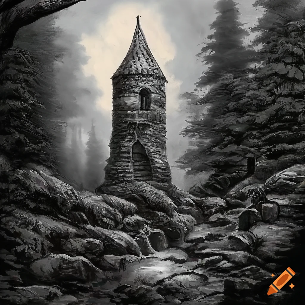 Painting of a mysterious wizard's tower in a mountain range