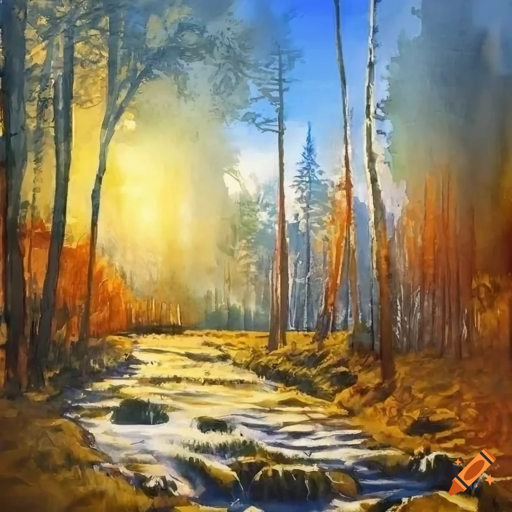 Forest scene on a rainy day in detailed light green watercolor art on ...