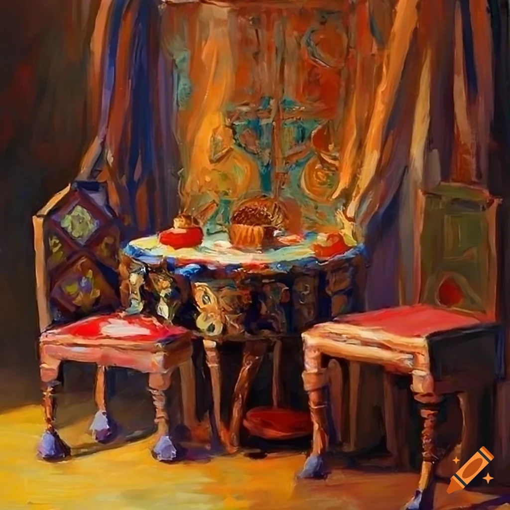 Impressionist painting of moroccan table and chairs on Craiyon