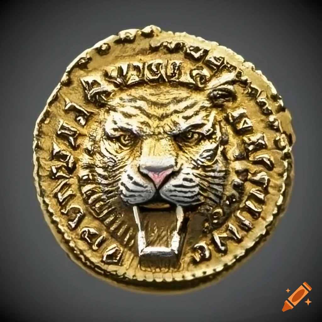 Sabertooth tiger on a golden roman coin