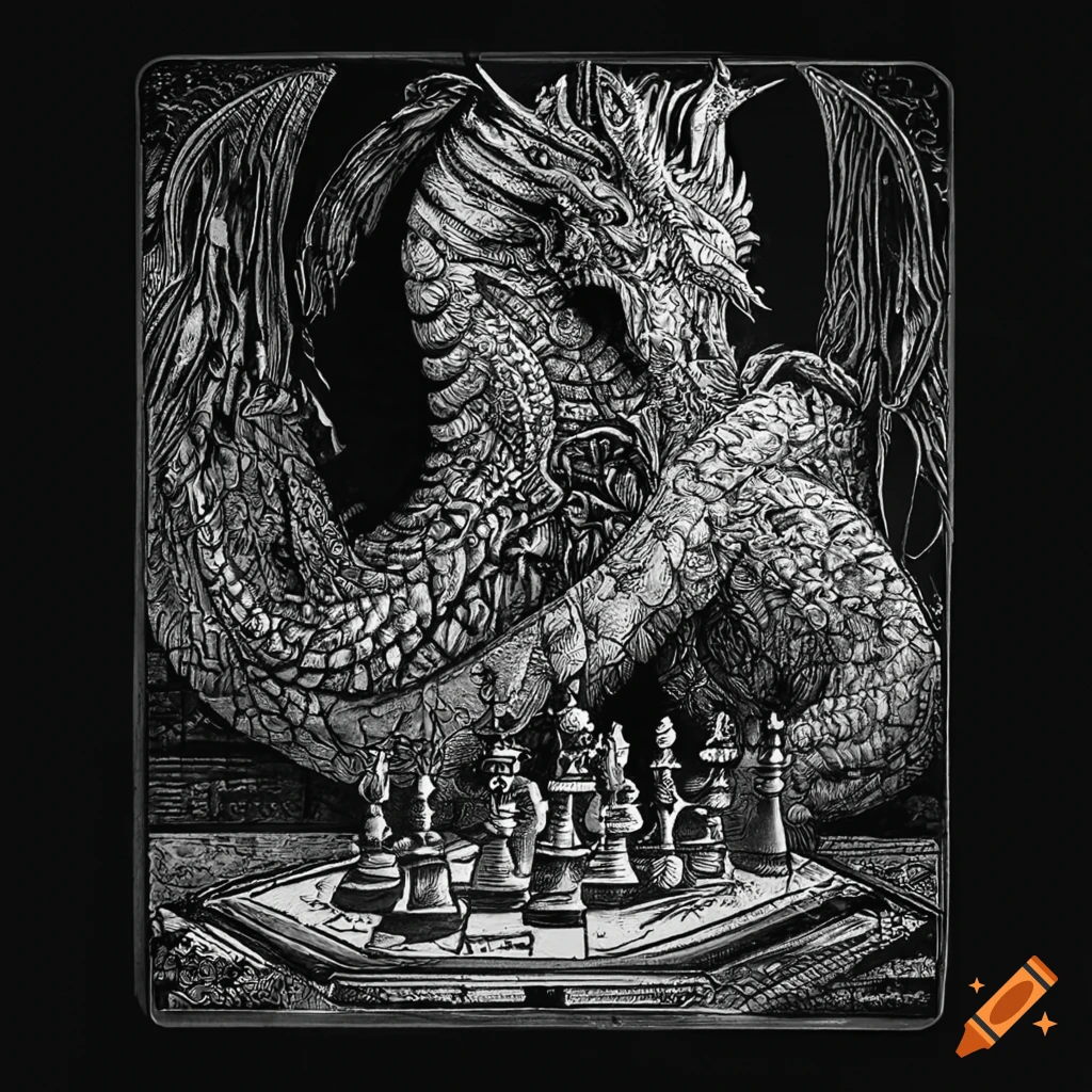 Black and white tarot card with dragons and chess pieces