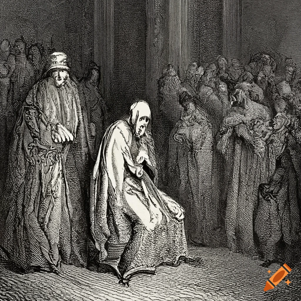 Engraving by Gustave Dore of a noble man surrounded by praying people ...