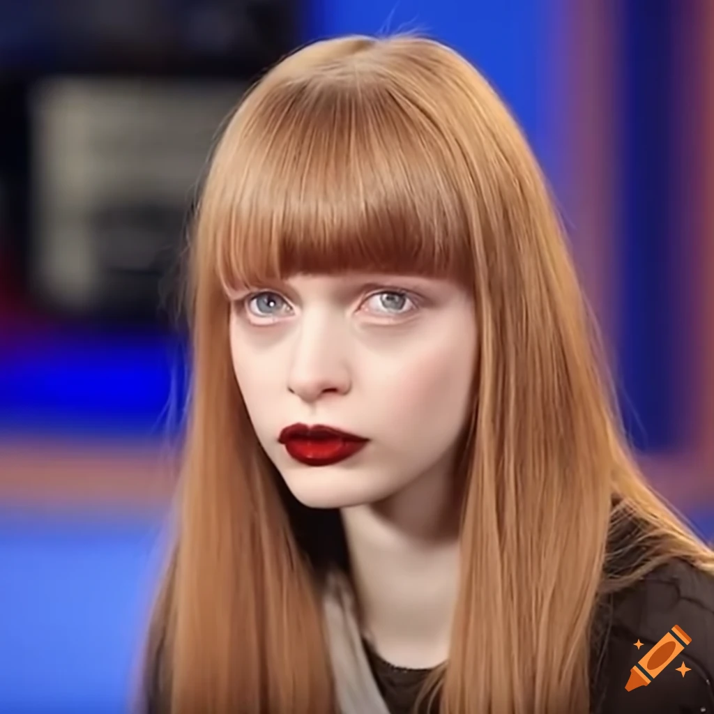 Mia goth getting bangs trimmed on a talk show on Craiyon