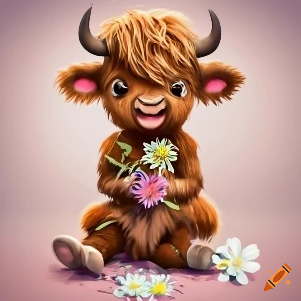 Adorable baby highland cow minotaur holding a flower on Craiyon
