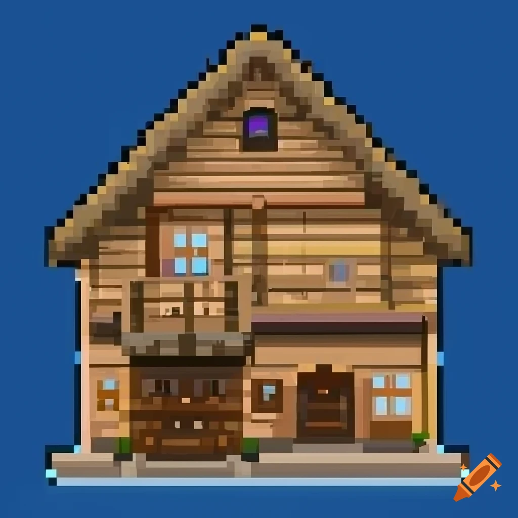Front view of a pixel art wooden house on Craiyon