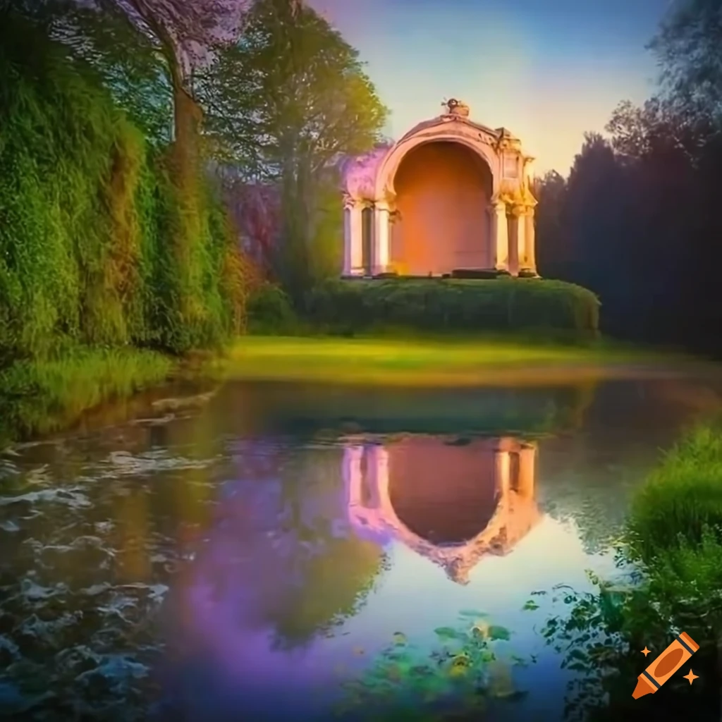 Monet's painting of a baroque balcony and stone fountain at dawn on Craiyon