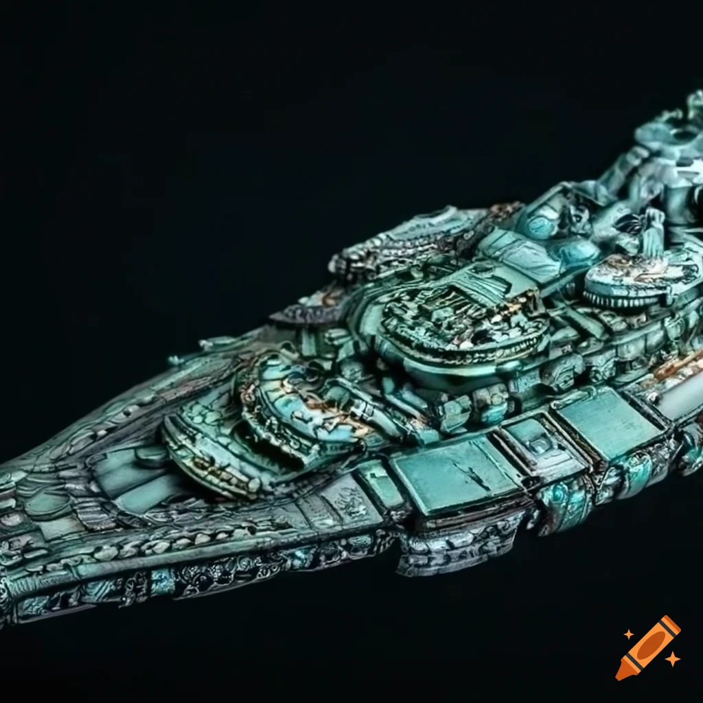 Intricate aztec inspired retrofuturist scifi battleship on Craiyon
