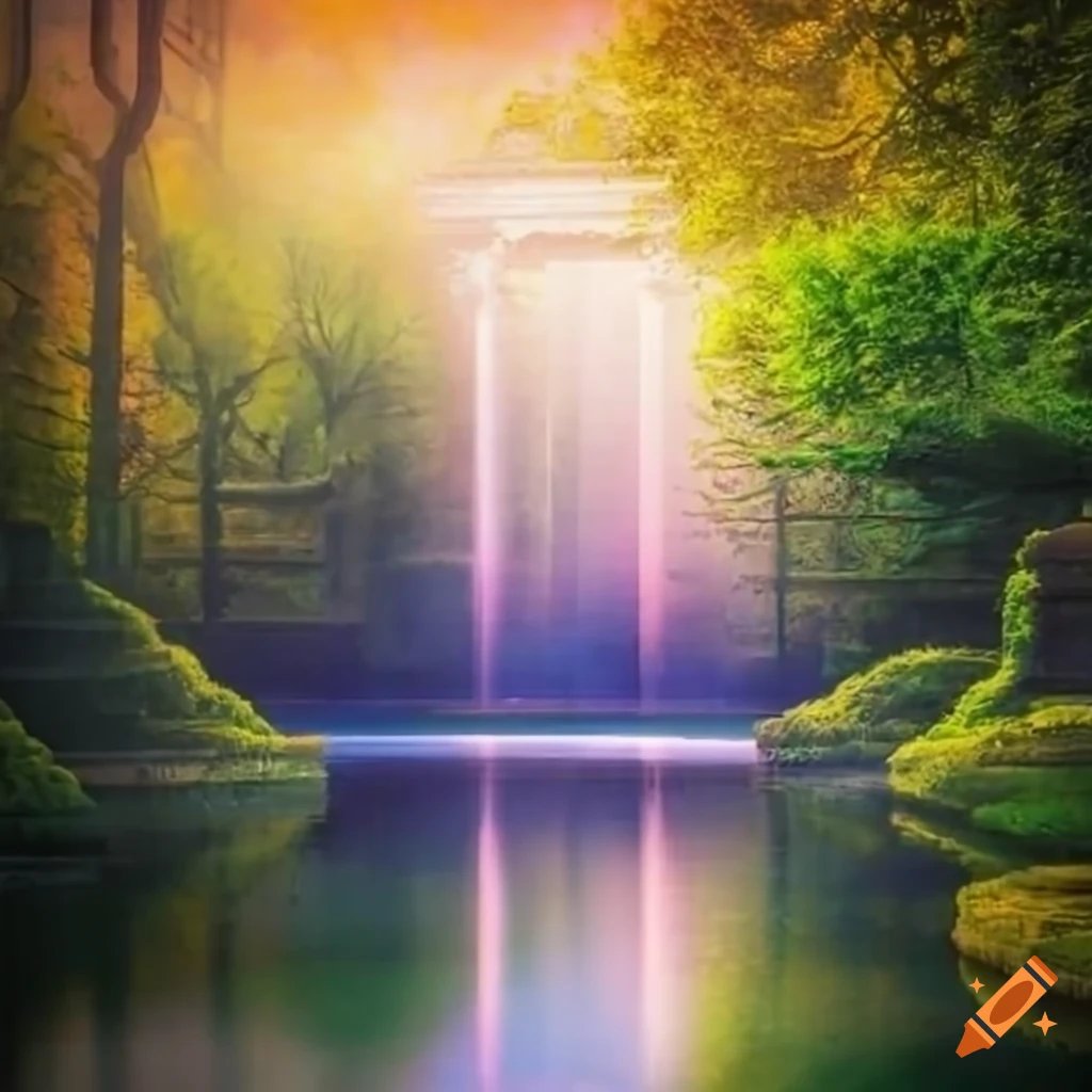 Monet-inspired landscape painting with watercourse and stone fountain ...