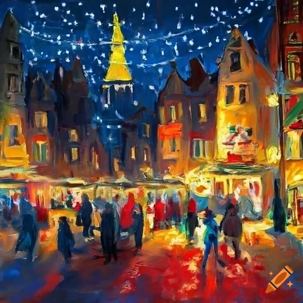 Night painting of a festive fleamarket on Craiyon