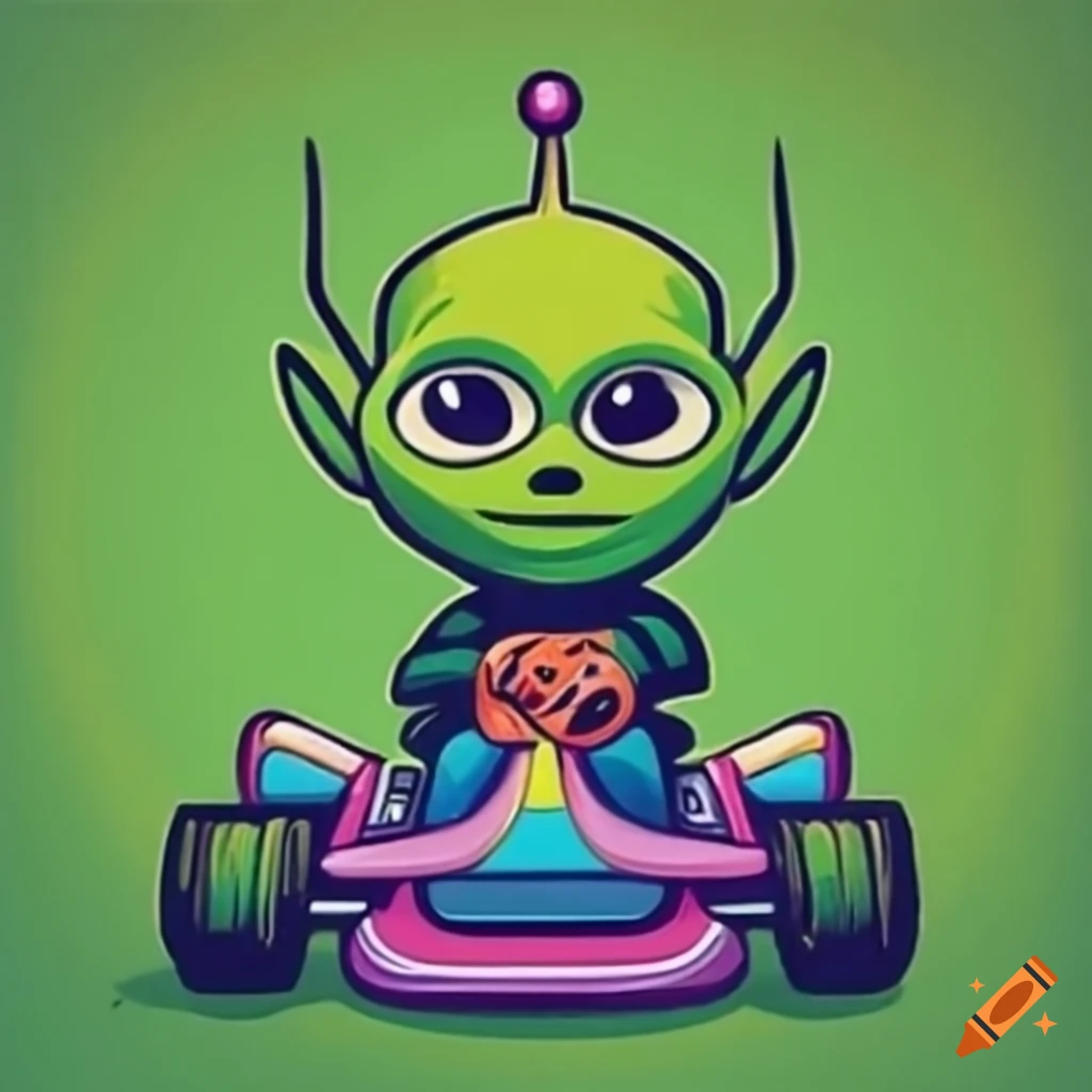 Detailed pixar animation of a green alien driving a kart on Craiyon