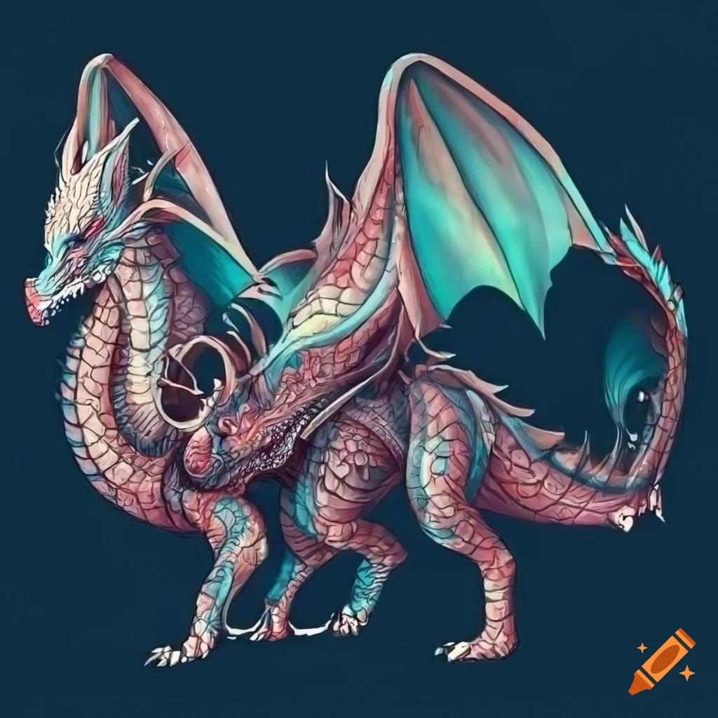 Detailed side view illustration of a dragon with wings on Craiyon