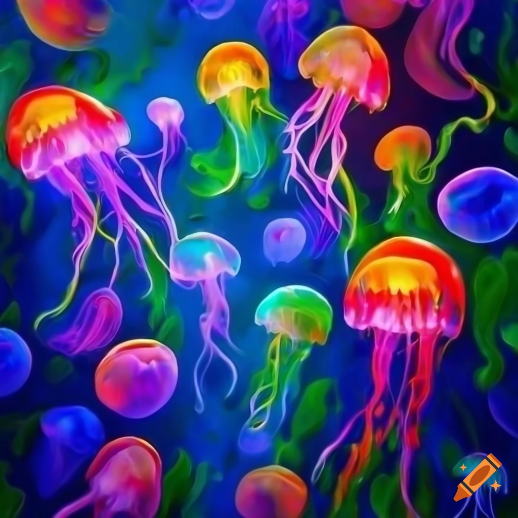 Colorful jellyfish among vibrant seaweeds